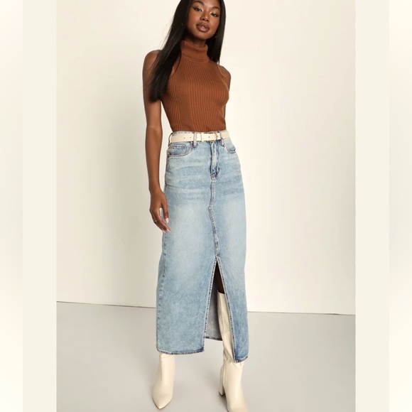 Lulus | Skirts | Lulu Denim Slit Front Midi Skirt In Blue Size 26 ...